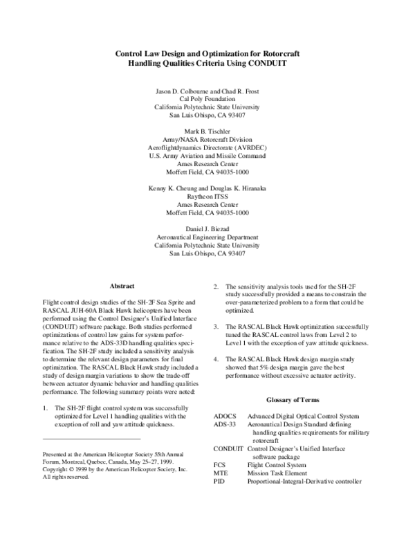 (PDF) Control Law Design and Optimization for Rotorcraft Handling ...