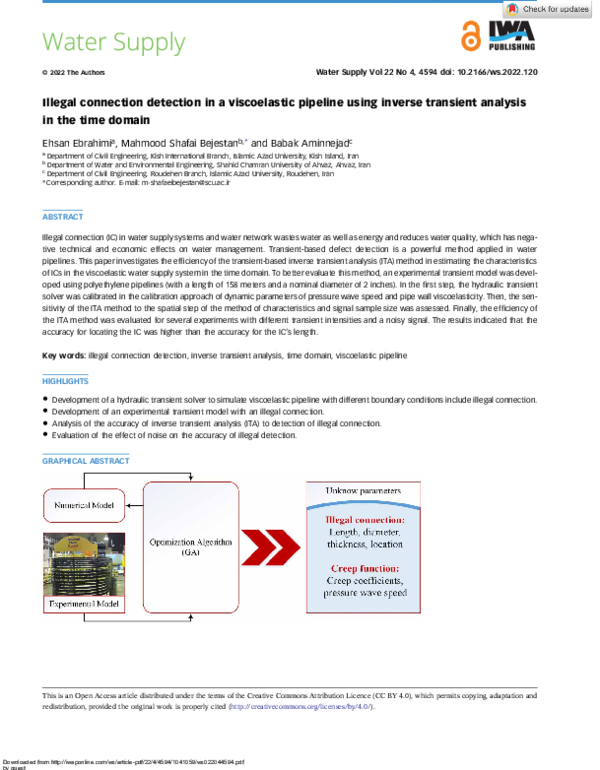 Pdf Illegal Connection Detection In A Viscoelastic Pipeline Using Inverse Transient Analysis