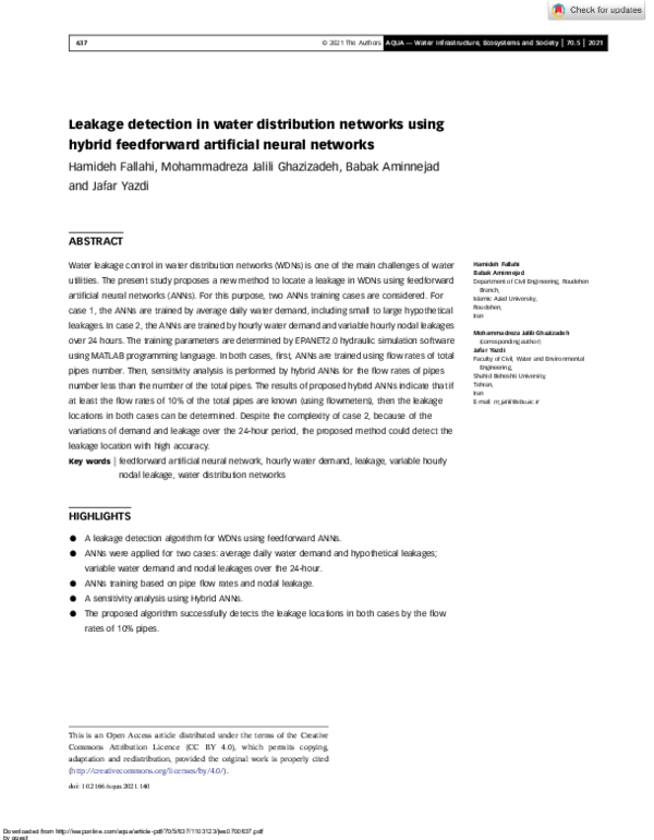 Pdf Leakage Detection In Water Distribution Networks Using Hybrid Feedforward Artificial