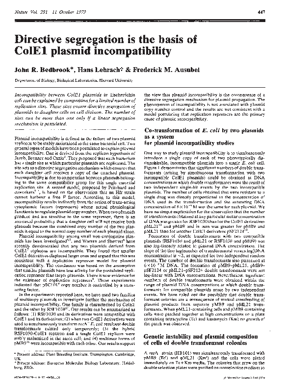 (PDF) Directive segregation is the basis of ColE1 plasmid incompatibility
