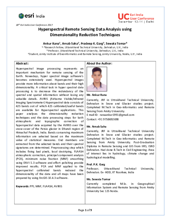 Pdf Hyperspectral Remote Sensing Data Analysis Using Dimensionality Reduction Techniques