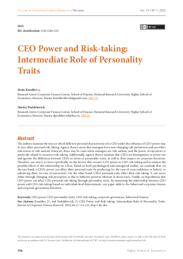 (PDF) Ceo Power and Risk-Taking: Intermediate Role of Personality Traits