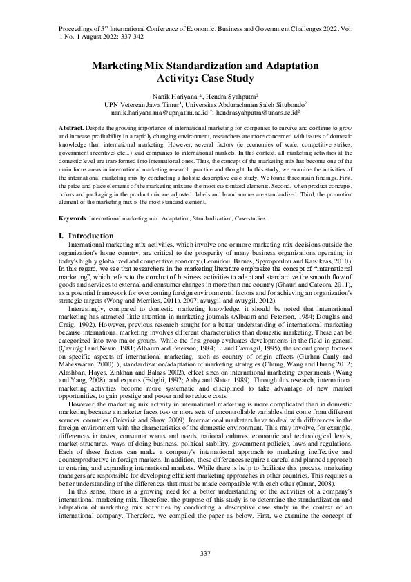 (PDF) Marketing Mix Standardization and Adaptation Activity: Case Study