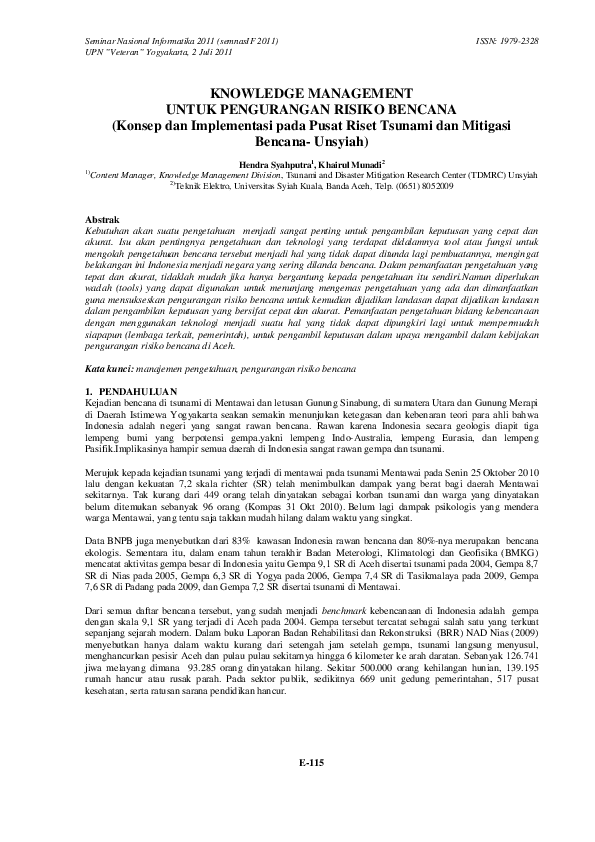 (PDF) KNOWLEDGE MANAGEMENT UNTUK PENGURANGAN RISIKO BENCANA Konsep dan Implementasi pada Pusat ...