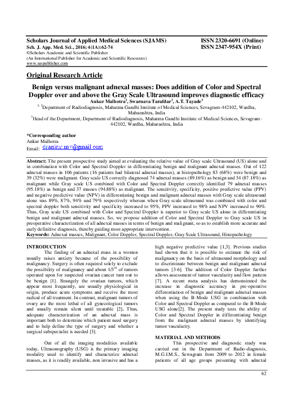 (PDF) Benign versus malignant adnexal masses : Does addition of Color ...
