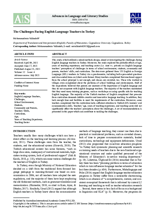 (PDF) The Challenges Facing English Language Teachers in Turkey