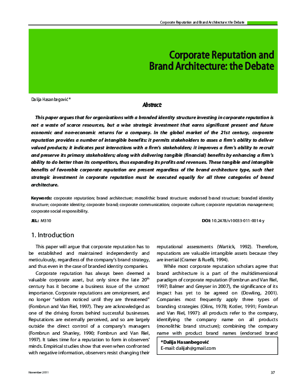 (PDF) Corporate Reputation and Brand Architecture: the Debate