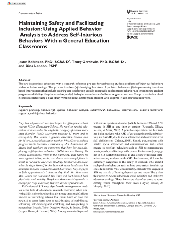 Pdf Maintaining Safety And Facilitating Inclusion Using Applied Behavior Analysis To Address