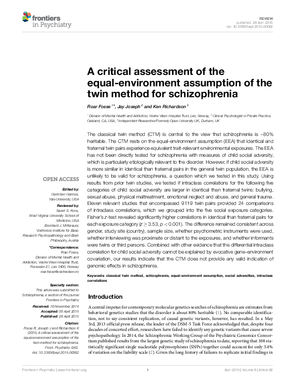 (PDF) A Critical Assessment of the Equal-Environment Assumption of the ...