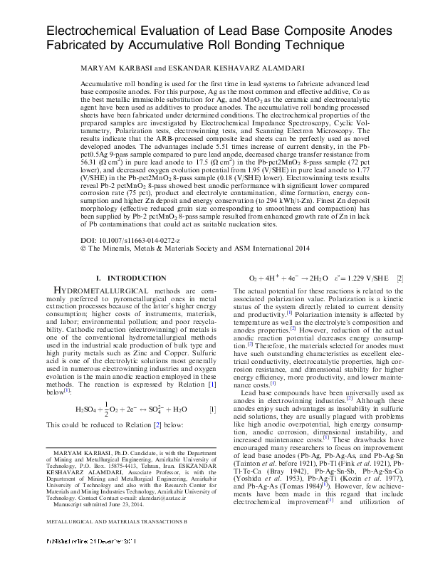(PDF) Electrochemical Evaluation of Lead Base Composite Anodes ...