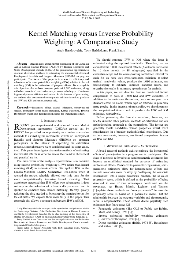 (PDF) Kernel Matching Versus Inverse Probability Weighting: A Comparative Study