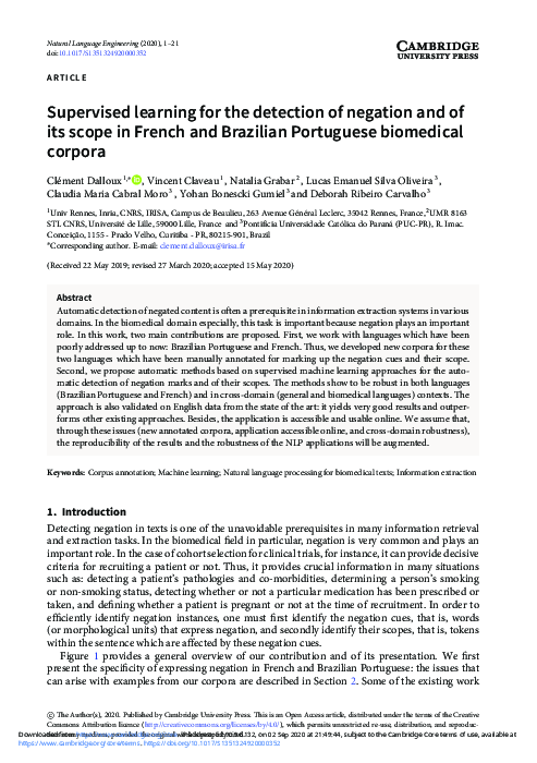 (PDF) Supervised learning for the detection of negation and of its scope in French and Brazilian ...