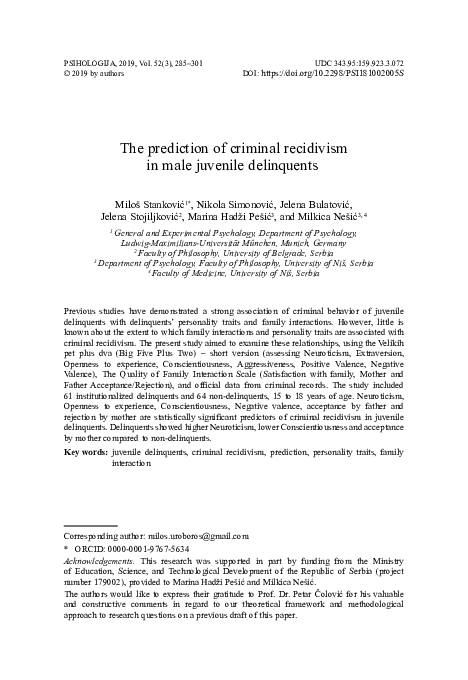(PDF) The prediction of criminal recidivism in male juvenile delinquents