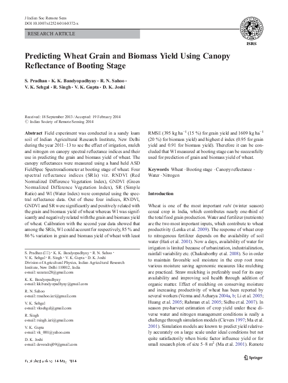 (PDF) Predicting Wheat Grain and Biomass Yield Using Canopy Reflectance of Booting Stage