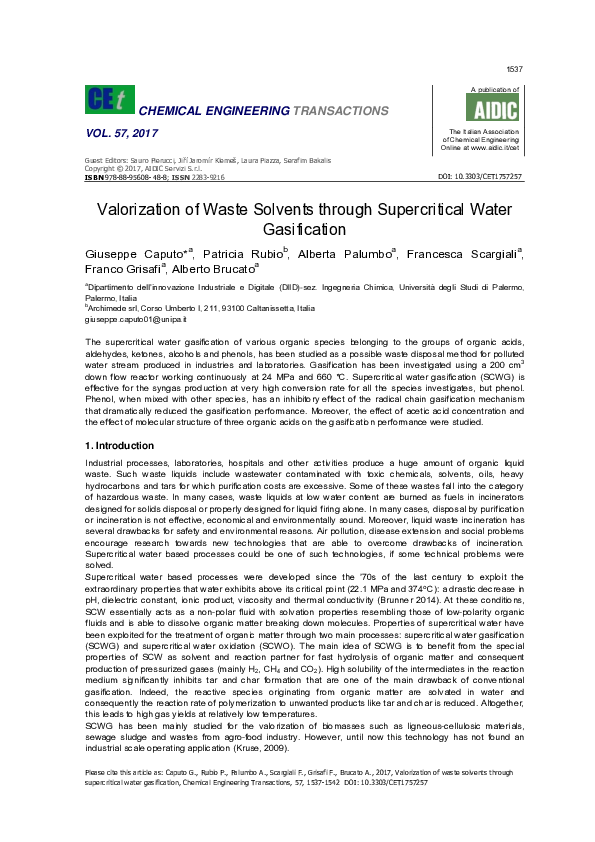 (PDF) Valorization of Waste Solvents through Supercritical Water Gasification