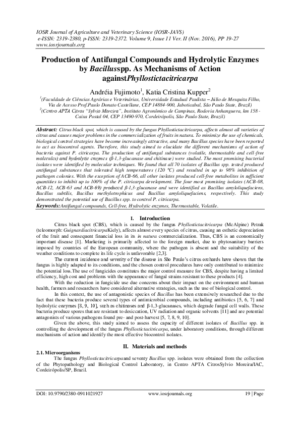 (PDF) Production of Antifungal Compounds and Hydrolytic Enzymes by Bacillus spp . As Mechanisms ...