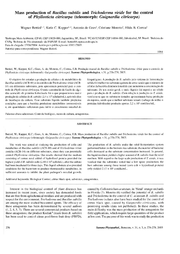 Mass production of Bacillus subtilis and Trichoderma viride for the control of Phyllosticta ...