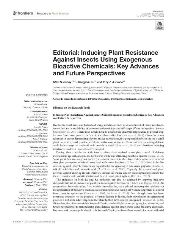 (PDF) Editorial: Inducing Plant Resistance Against Insects Using Exogenous Bioactive Chemicals ...