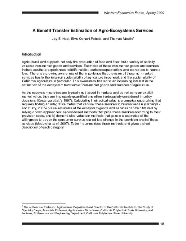 (PDF) A Benefit Transfer Estimation of Agro-Ecosystems Services