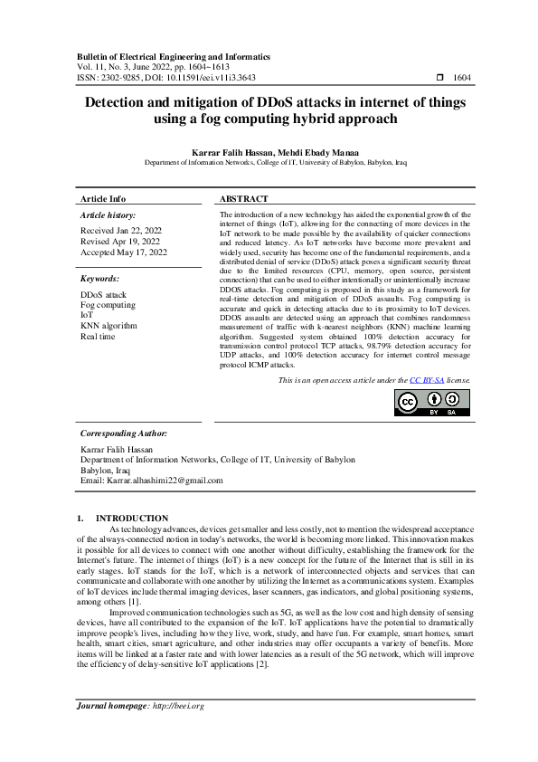 Pdf Detection And Mitigation Of Ddos Attacks In Internet Of Things