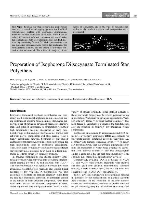 (PDF) Preparation of Isophorone Diisocyanate Terminated Star Polyethers