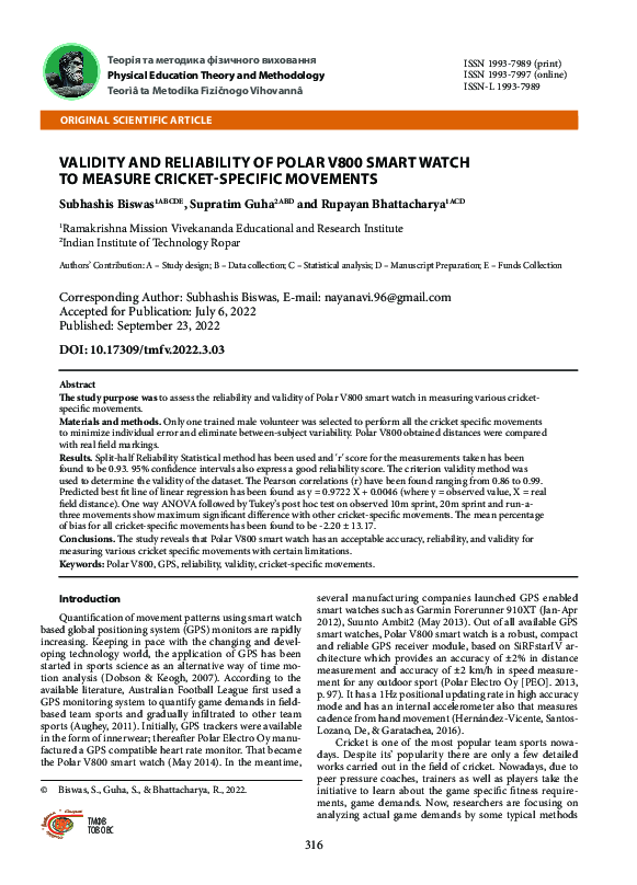 (PDF) Validity and Reliability of Polar V800 Smart Watch to Measure ...