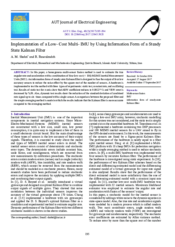 Pdf Implementation Of A Low Cost Multi Imu By Using Information Form Of A Steady State
