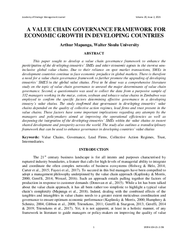 (PDF) A Value Chain Governance Framework for Economic Growth in Developing Countries