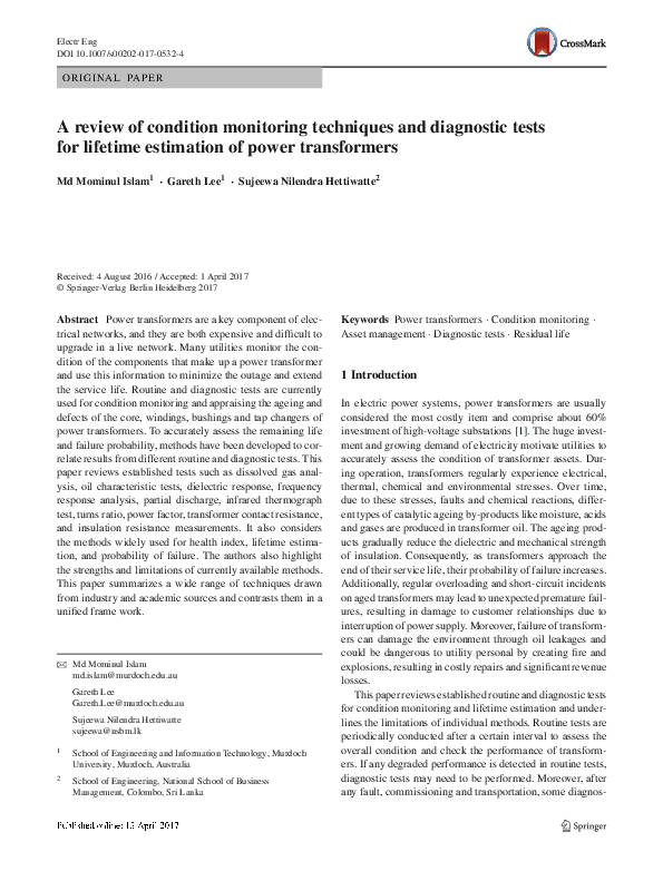 Pdf A Review Of Condition Monitoring Techniques And Diagnostic Tests