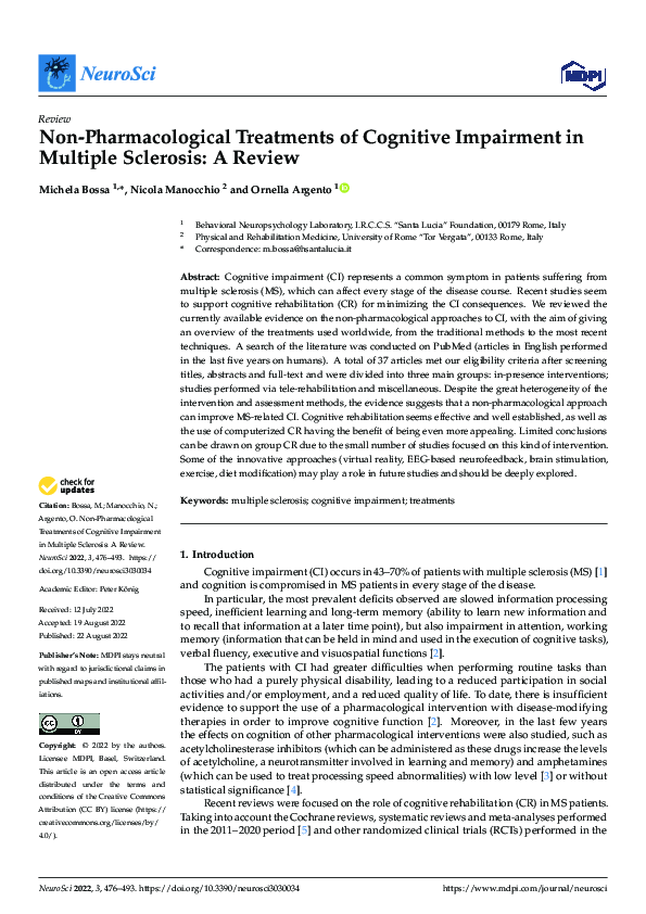 (PDF) Non-Pharmacological Treatments of Cognitive Impairment in Multiple Sclerosis: A Review