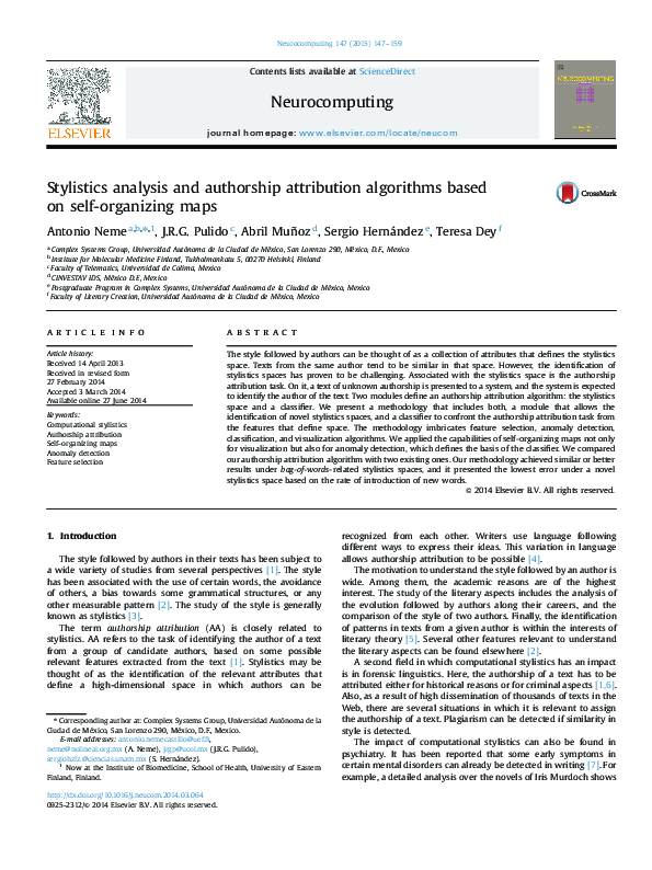 Pdf Stylistics Analysis And Authorship Attribution Algorithms Based On Self Organizing Maps