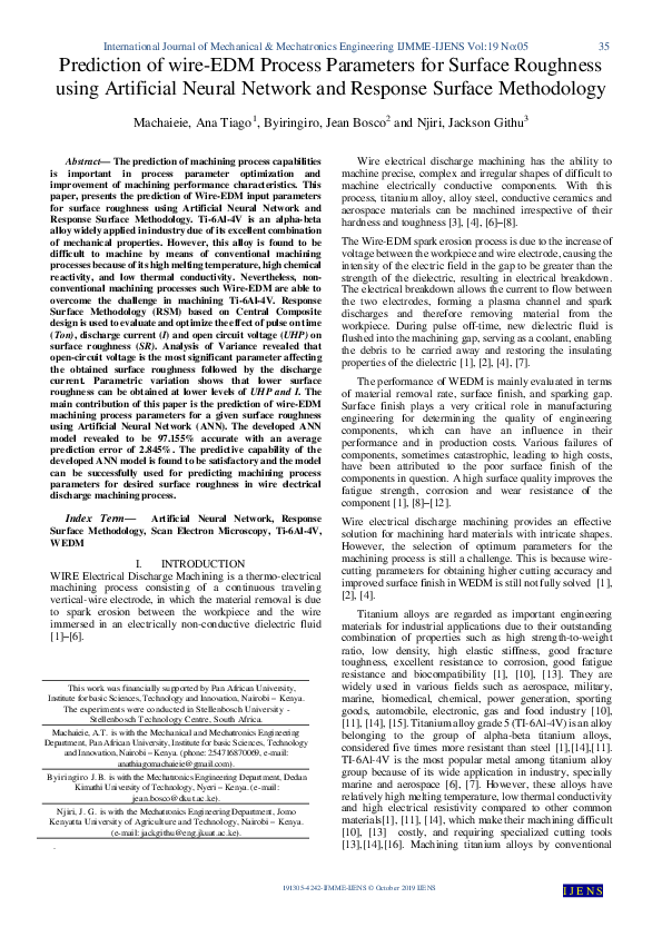 (PDF) Prediction of wire-EDM Process Parameters for Surface Roughness using Artificial Neural ...