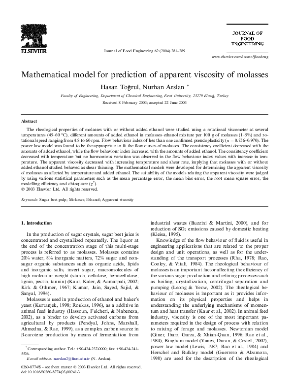 (PDF) Mathematical model for prediction of apparent viscosity of molasses