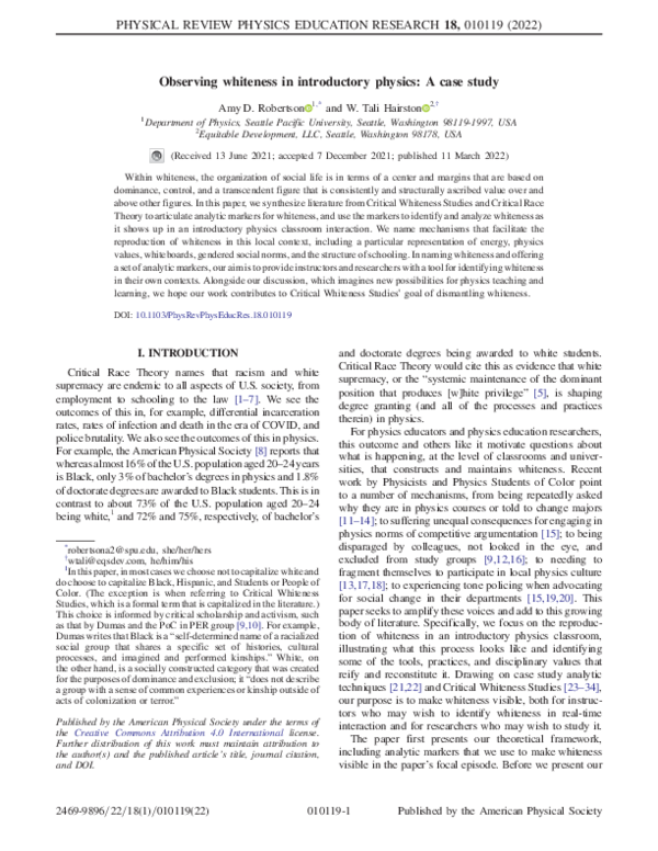 (PDF) Observing whiteness in introductory physics: A case study