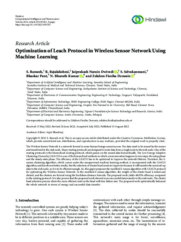 (PDF) Optimization of Leach Protocol in Wireless Sensor Network Using Machine Learning