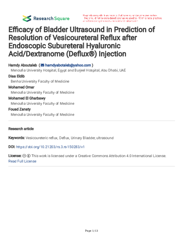 (PDF) Efficacy of Bladder Ultrasound in Prediction of Resolution of ...
