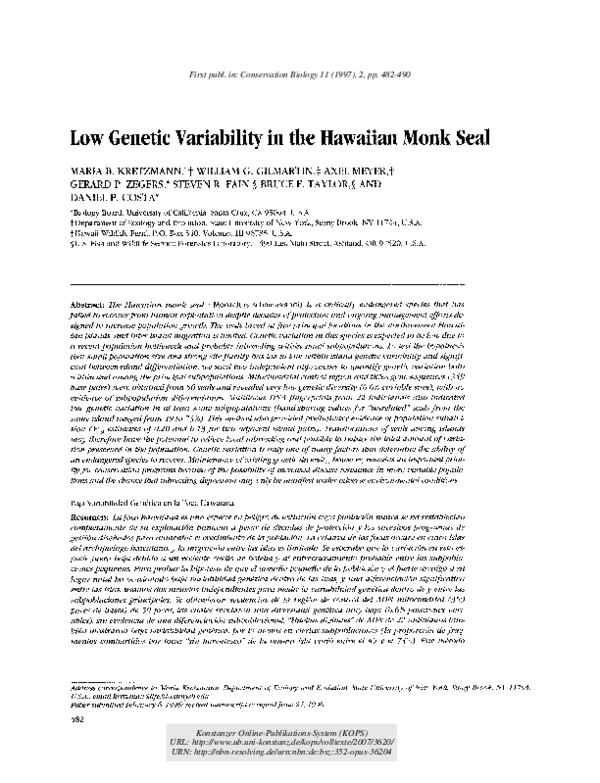 (PDF) Low Genetic Variability in the Hawaiian Monk Seal. Baja ...
