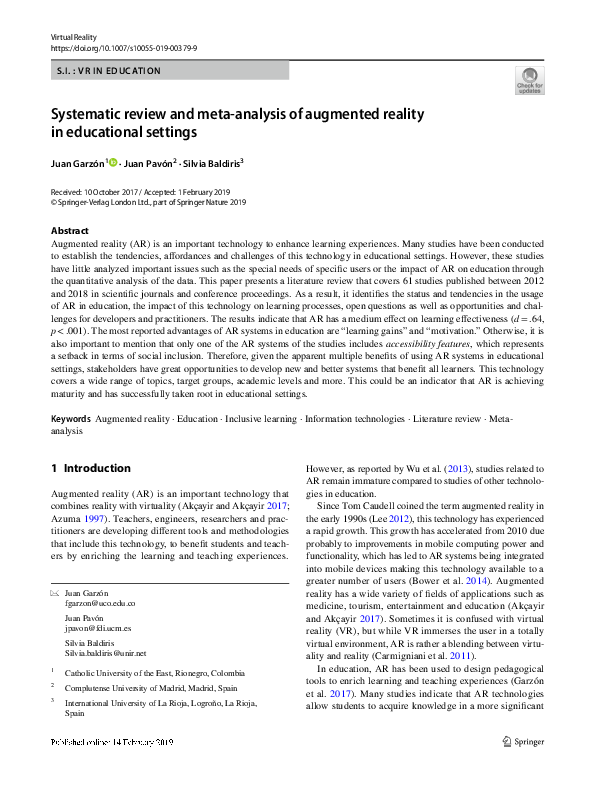 (PDF) Systematic review and meta-analysis of augmented reality in ...
