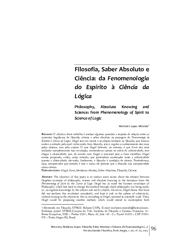 (PDF) Filosofia, Saber Absoluto e Ciência: da Fenomenologia do Espírito ...