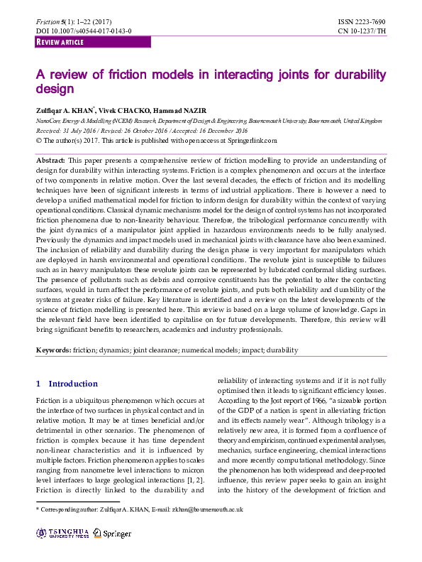 (PDF) A review of friction models in interacting joints for durability design