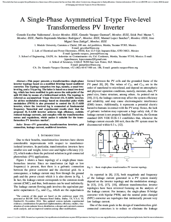 (PDF) A Single-Phase Asymmetrical T-Type Five-Level Transformerless PV Inverter
