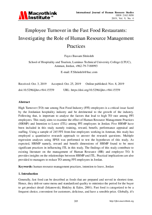 (PDF) Employee Turnover in the Fast Food Restaurants: Investigating the ...