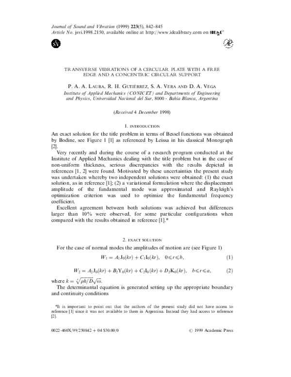 (PDF) Transverse Vibrations of a Circular Plate with a Free Edge and a ...