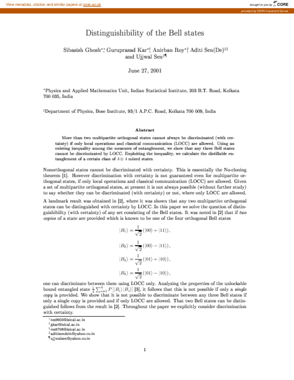 (PDF) Distinguishibility of the Bell states