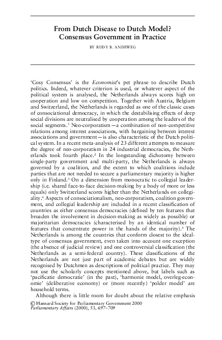 (PDF) From Dutch disease to Dutch model? Consensus government in practice