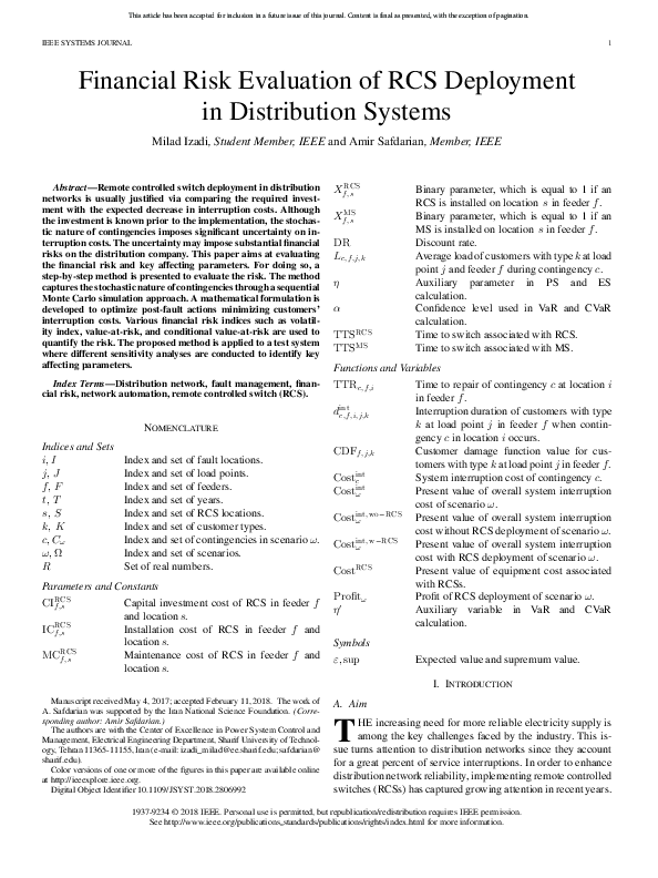 (PDF) Financial Risk Evaluation of RCS Deployment in Distribution Systems
