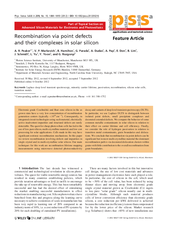 (PDF) Recombination via point defects and their complexes in solar silicon