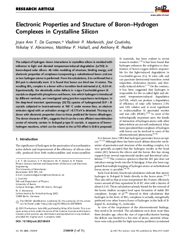 (PDF) Electronic Properties and Structure of Boron–Hydrogen Complexes in Crystalline Silicon