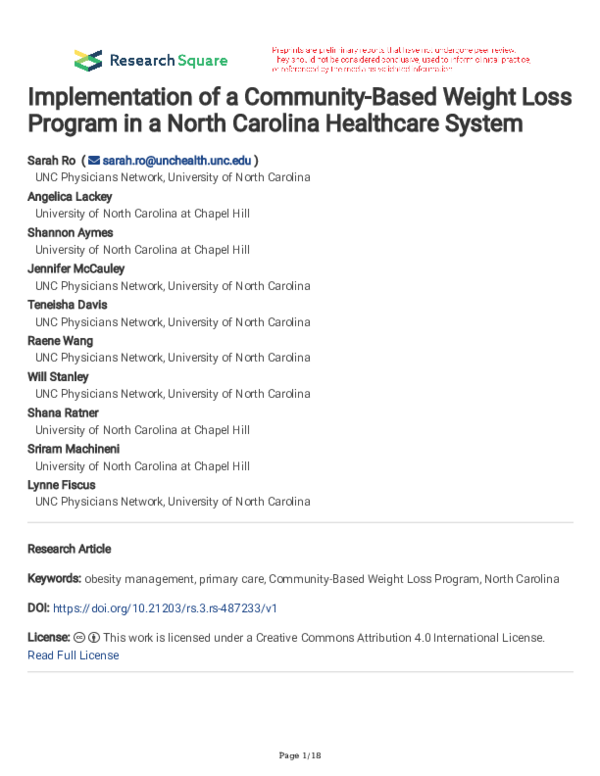 (PDF) Implementation of a Community-Based Weight Loss Program in a ...