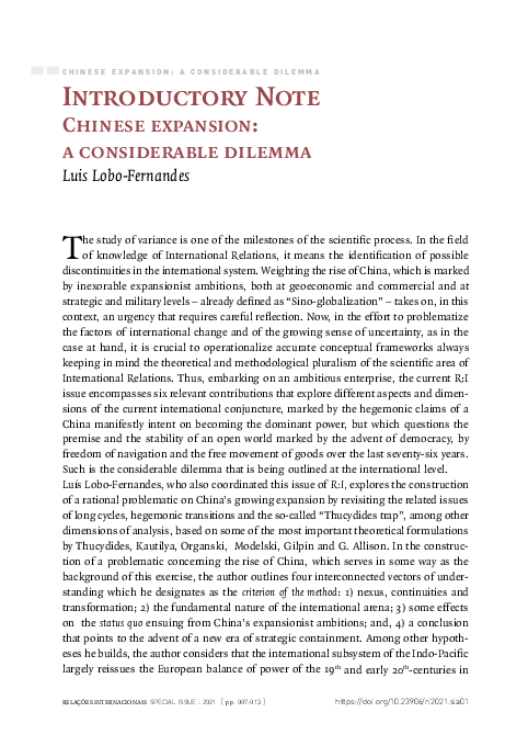 (PDF) Introductory Note: Chinese expansion: a considerable dilemma